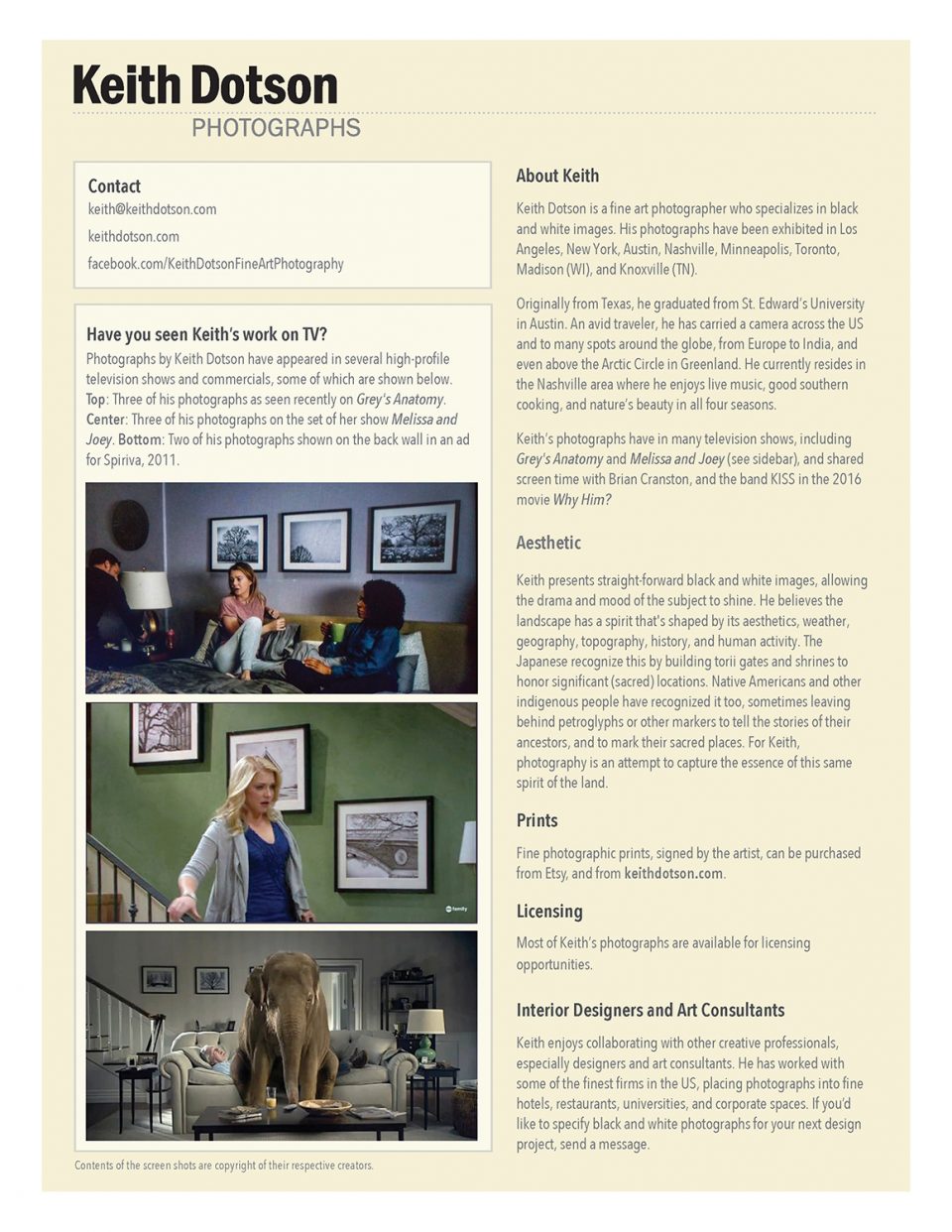 Keith Dotson 2018 Artist Profile Sheet - Shadows and Light